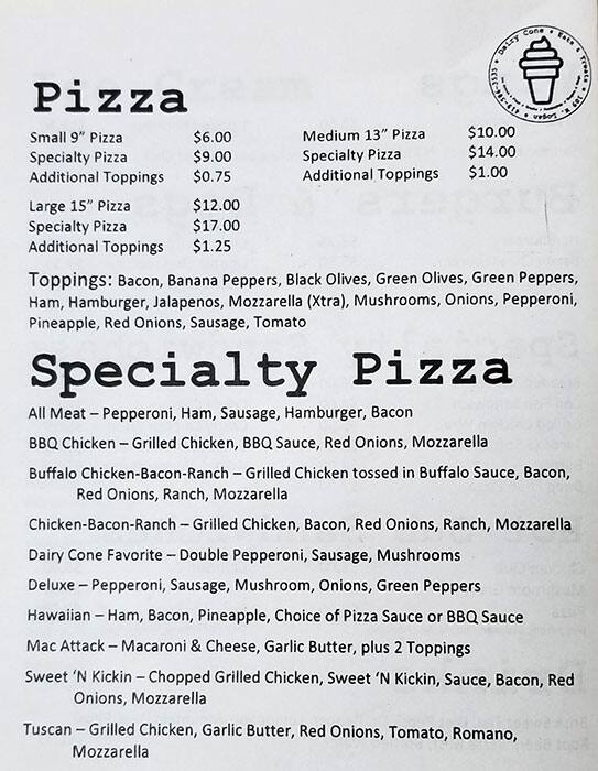 Menu at DAIRY CONE pizzeria, Celina, 109 W Logan St