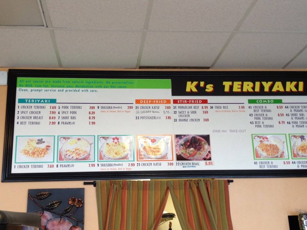 Menu at K's Teriyaki restaurant, Arlington