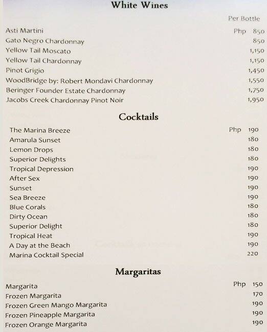 Menu at Marina Sea View restaurant, Lapu-Lapu City, Cebu Yacht Club