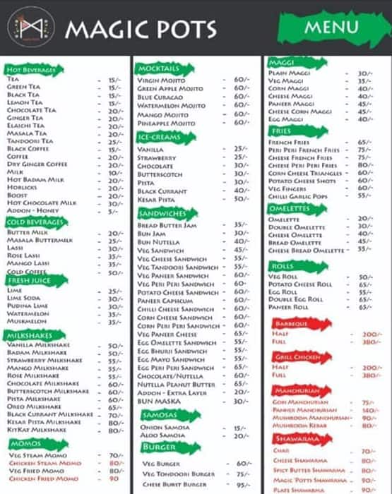 Menu of Magic Pots, Sarjapur Road, Bangalore