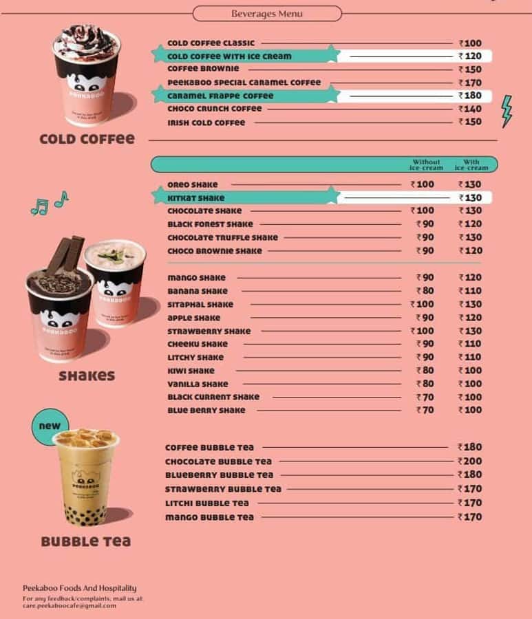 Menu of Peekaboo Pop - Up Cafe, New Palasia, Indore