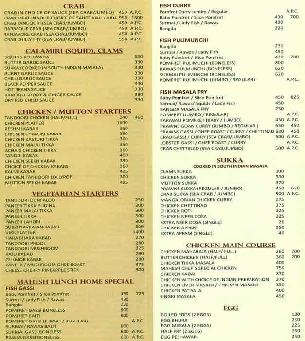 Menu at Mahesh Lunch Home Thane, Thane, Shop No 4-5