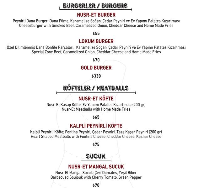Menu at Nusr-Et, Istanbul, Nispetiye Cd No:87