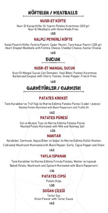 Menu at Nusr-Et steakhouse, Istanbul, Nispetiye Cd No:87