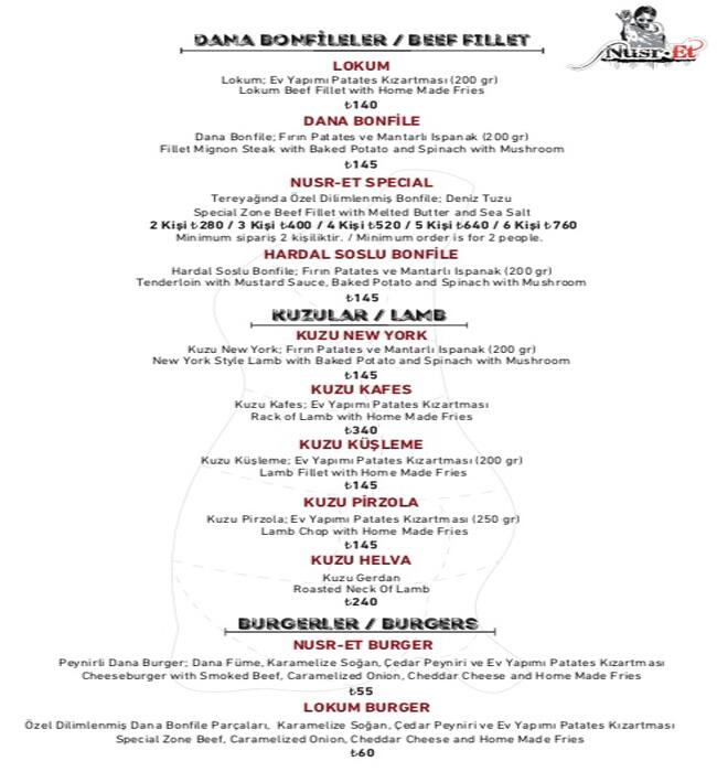 Menu at Nusr-Et steakhouse, Istanbul, Nispetiye Cd No:87
