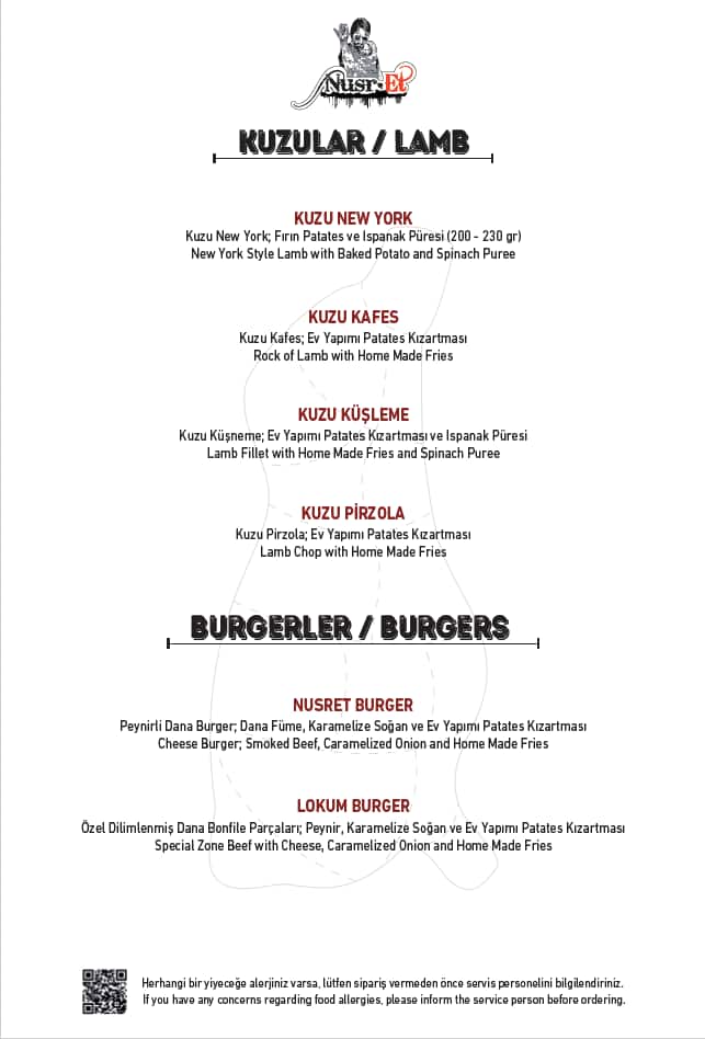 Menu at Nusr-Et steakhouse, Istanbul, Nispetiye Cd No:87