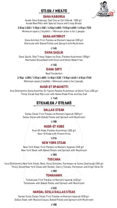 Menu at Nusr-Et steakhouse, Istanbul, Nispetiye Cd No:87