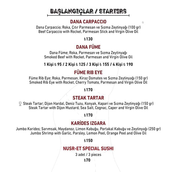 Menu at Nusr-Et, Istanbul, Nispetiye Cd No:87