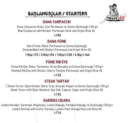 Menu at Nusr-Et steakhouse, Istanbul, Nispetiye Cd No:87