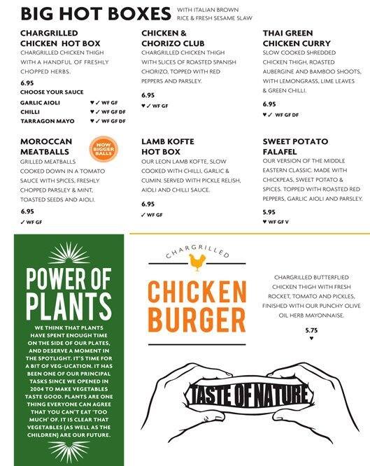 Menu at Leon fast food, London, 27 Tottenham Court Road