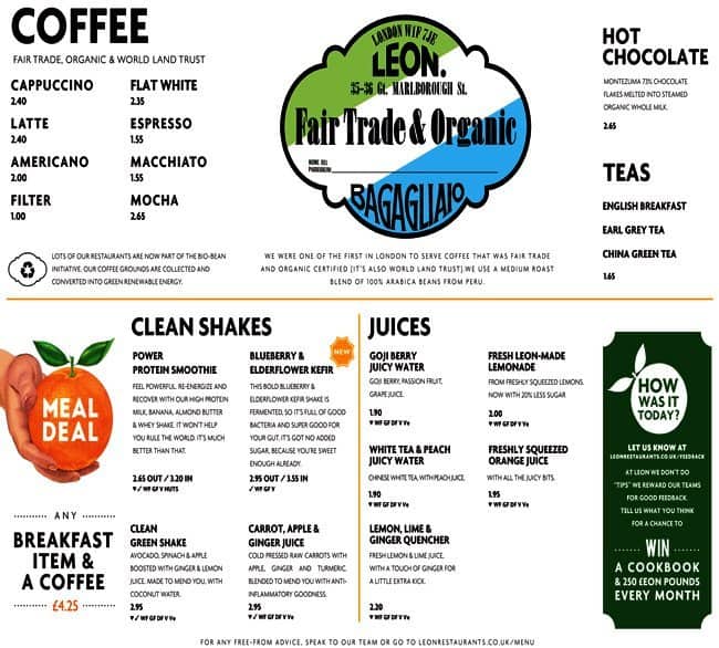 Menu at LEON Office restaurant, London