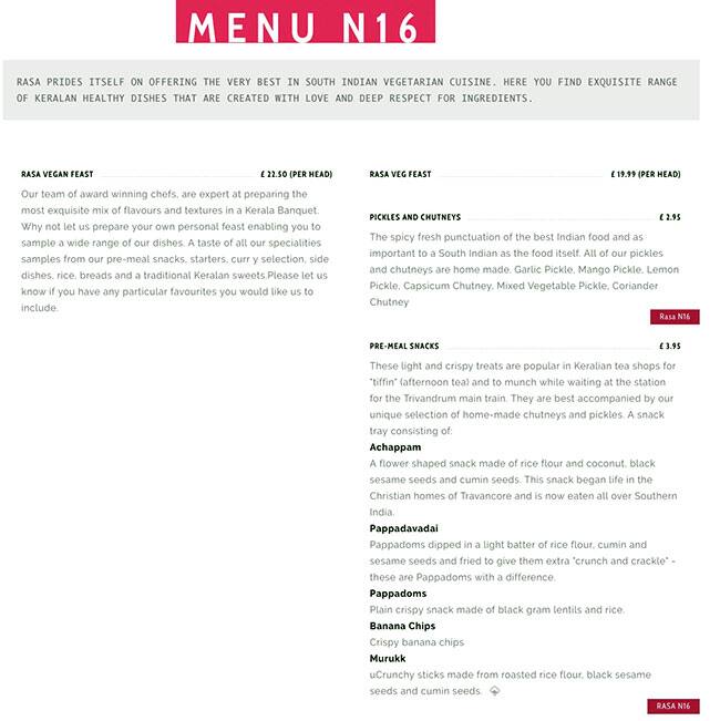 Menu at Rasa restaurant, London, 55 Stoke Newington Church St