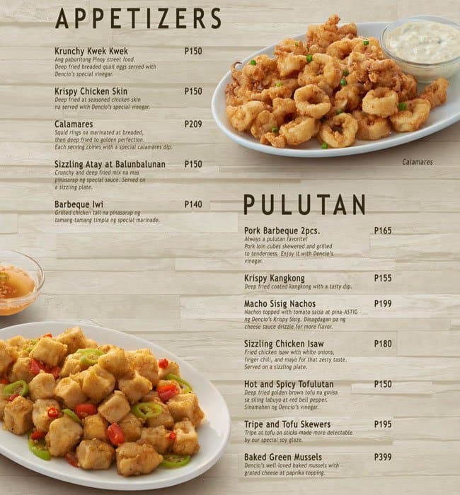 Menu at Dencio's restaurant, Tagaytay