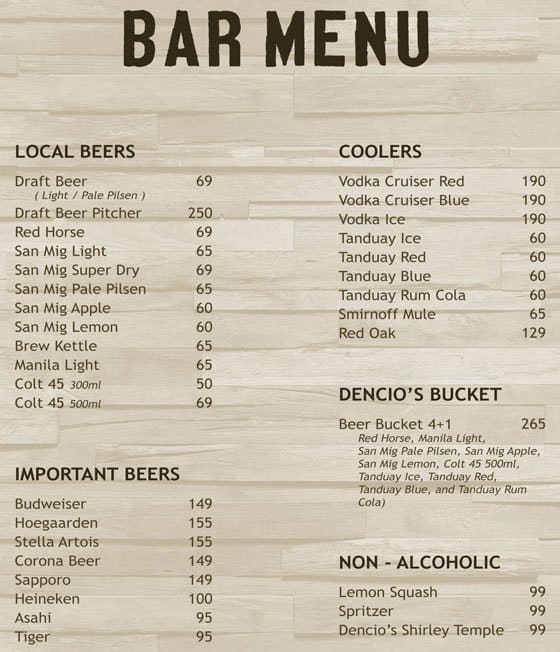 Menu at Dencio's restaurant, Tagaytay