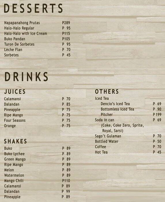 Menu at Dencio's restaurant, Tagaytay