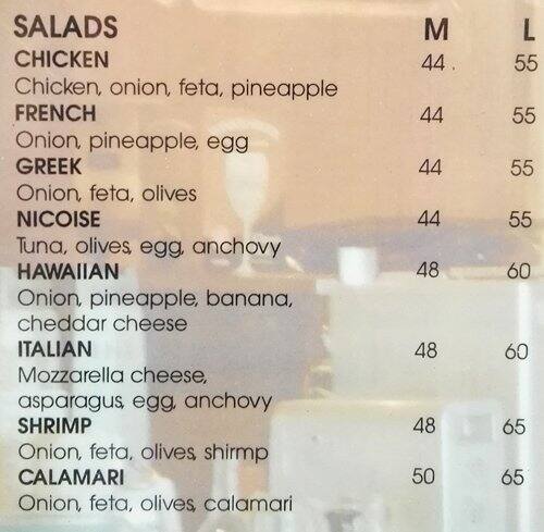 Carta de LJ's Pizzeria, Ciudad del Cabo