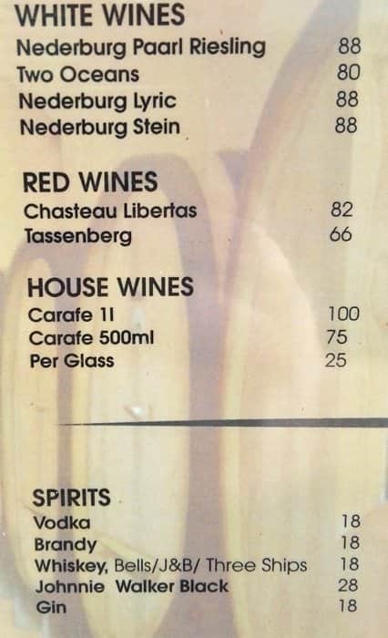 Carta de LJ's Pizzeria, Ciudad del Cabo