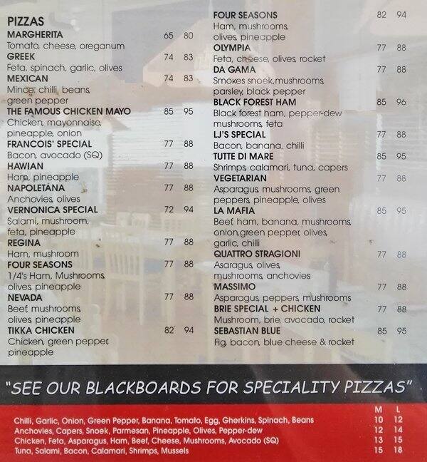 Carta de LJ's Pizzeria, Ciudad del Cabo