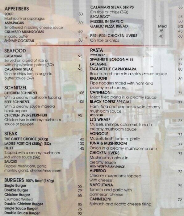 Carta de LJ's Pizzeria, Ciudad del Cabo