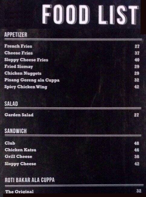 Menu at Cuppa Coffee Inc cafe, Jakarta, Cilandak Mall