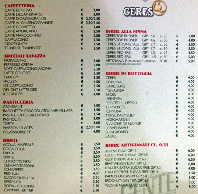 Menu da Gente di San Lorenzo pub & bar, Roma