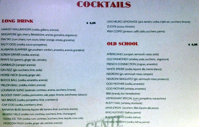 Menu da Gente di San Lorenzo pub & bar, Roma