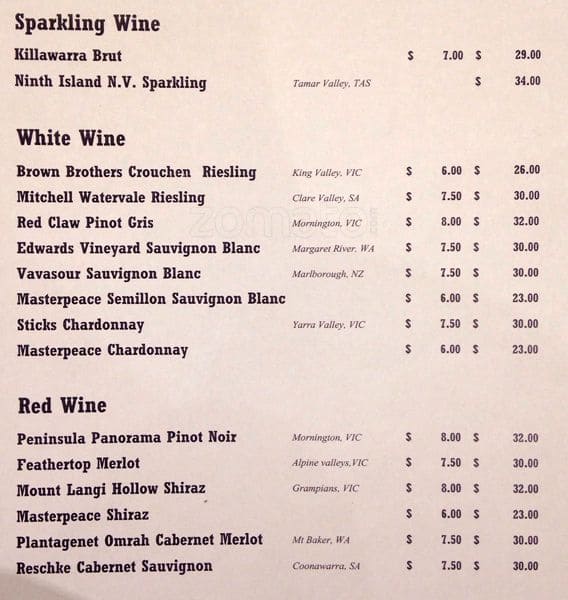 Menu at Nero Bar, Melbourne