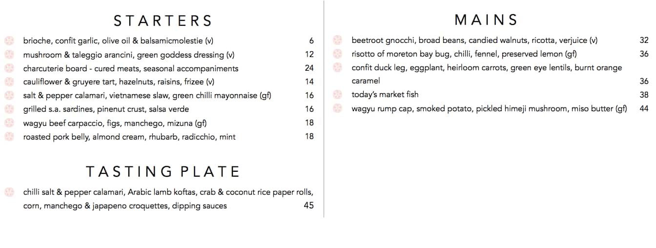 Menu at Tank Bar & Laneway Dining, Brisbane City