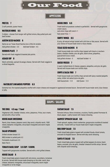 Menu at Waterloo pub & bar, Louisville