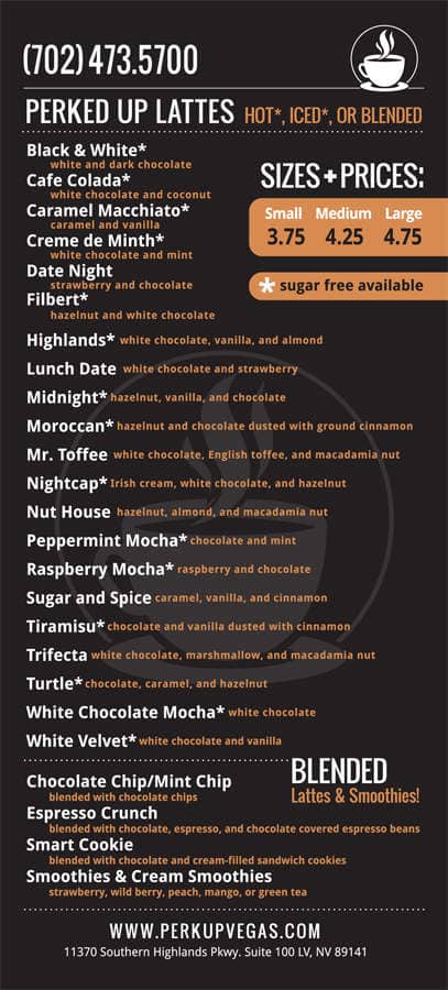 Menu at Perk Up Coffee Shop cafe, Las Vegas