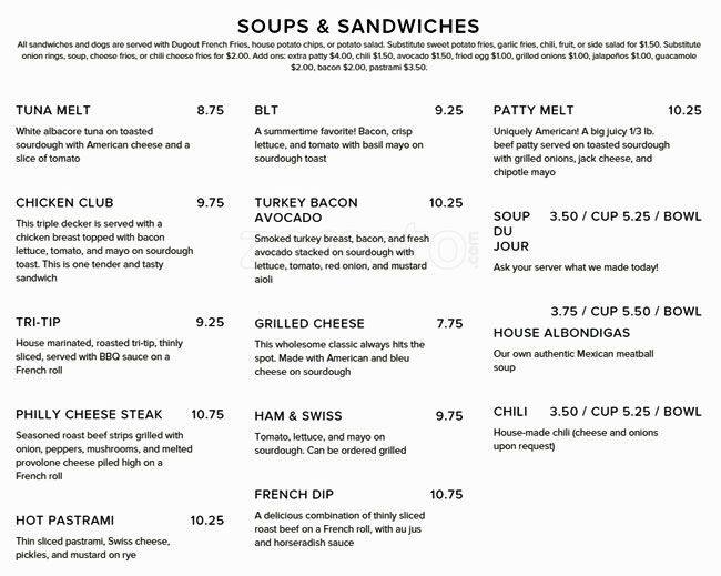Menu at Dugout pub & bar, San Diego