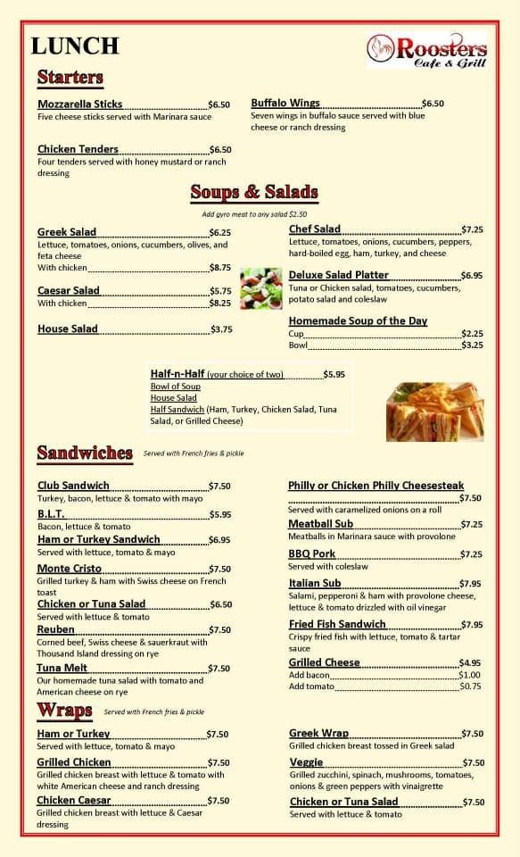 Menu at Roosters Cafe & Grill, Virginia Beach