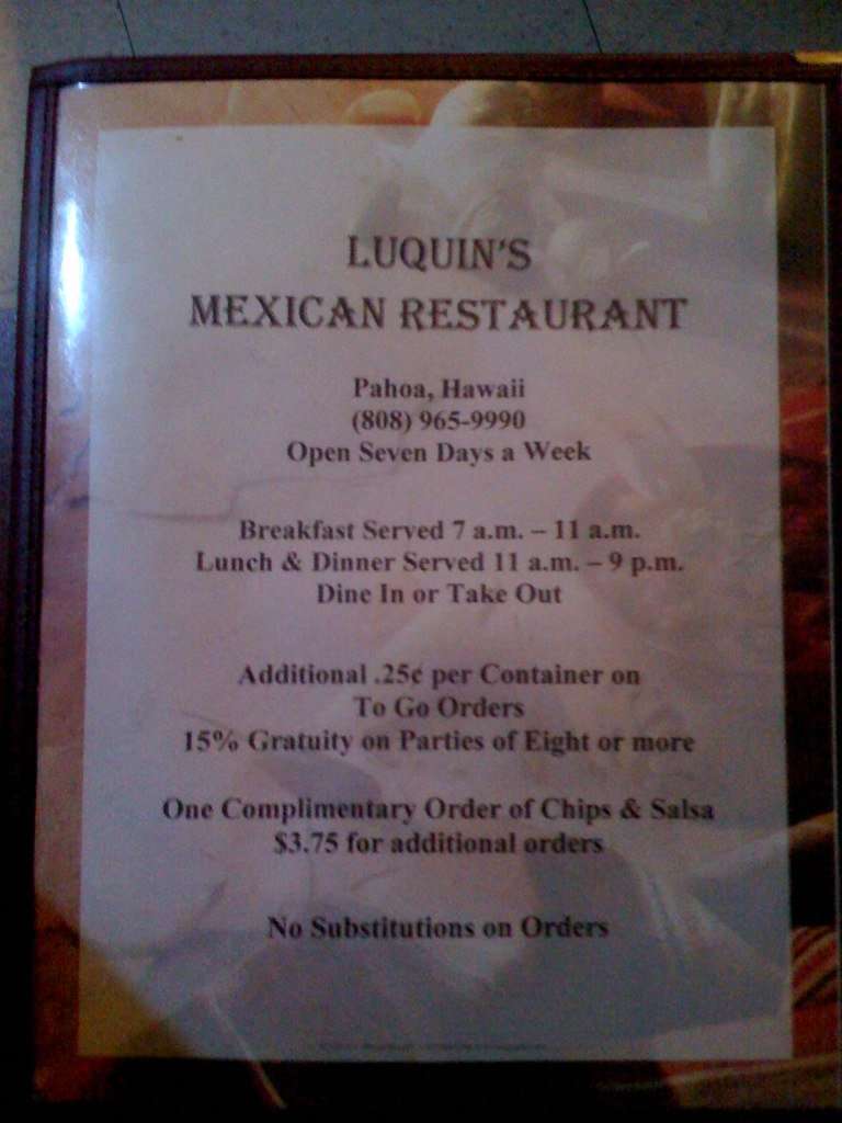 Menu at Luquins Mexican Restaurant, Pāhoa, Kahakai Blvd