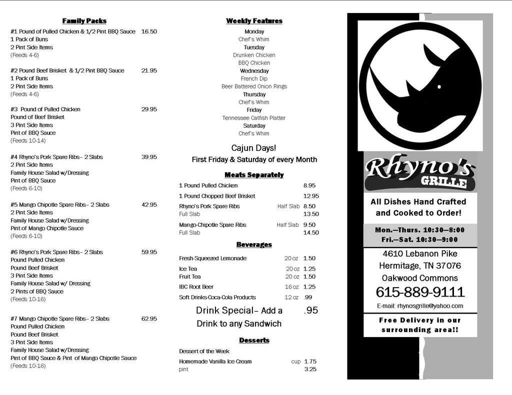 Rhyno's Grille Menu, Menu for Rhyno's Grille, Mount Juliet, Nashville ...