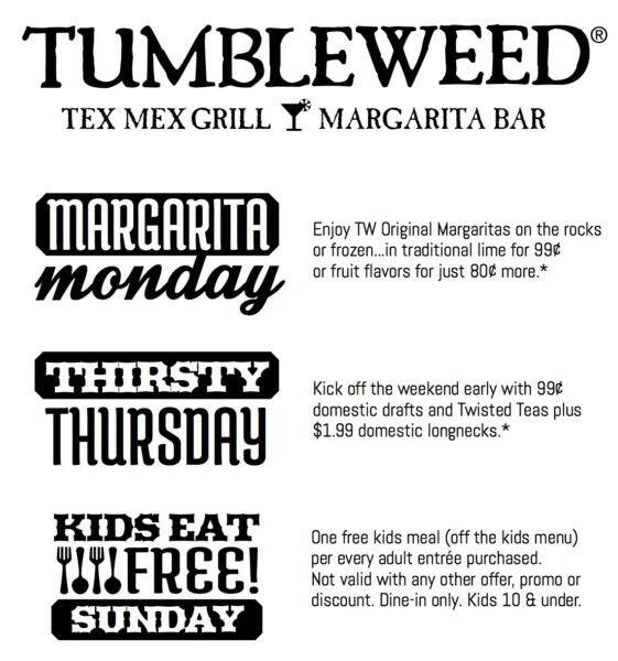 Menu at Tumbleweed Tex Mex Grill & Margarita Bar, Louisville, Dixie Hwy