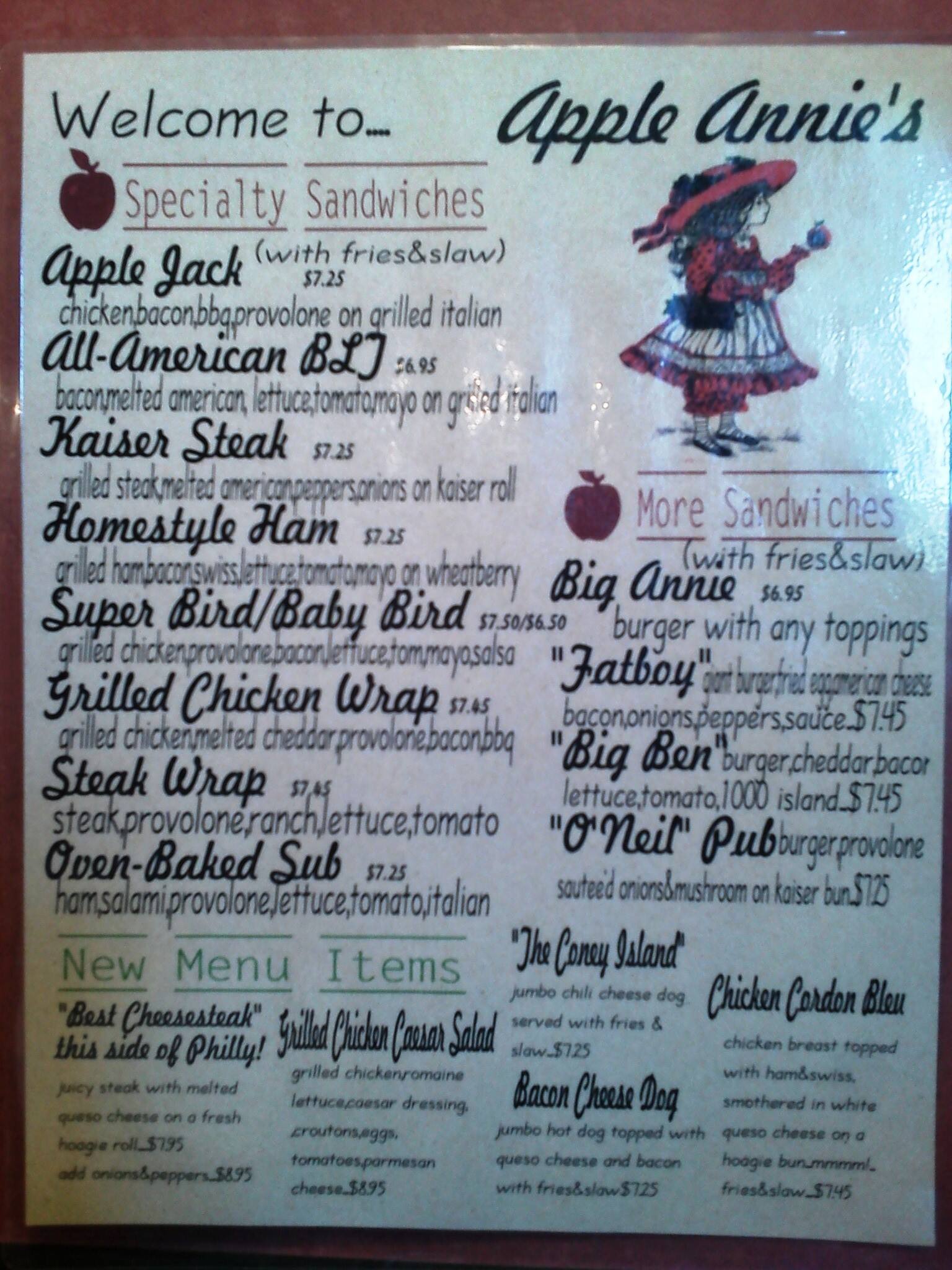 Menu at Apple Annie's restaurant, Point Marion, 28 Church St