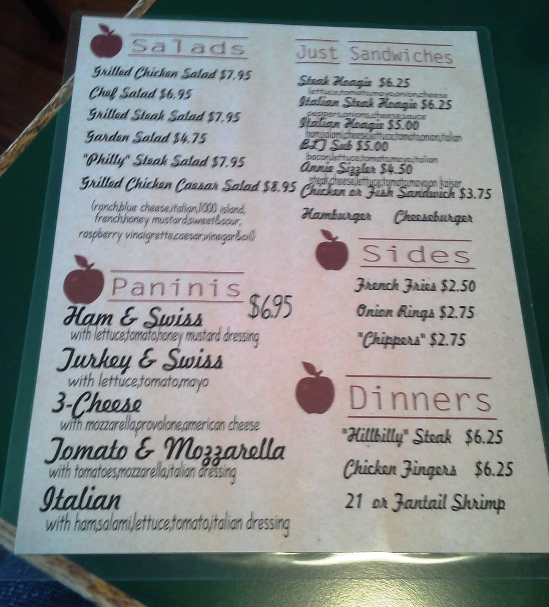 Menu at Apple Annie's restaurant, Point Marion, 28 Church St
