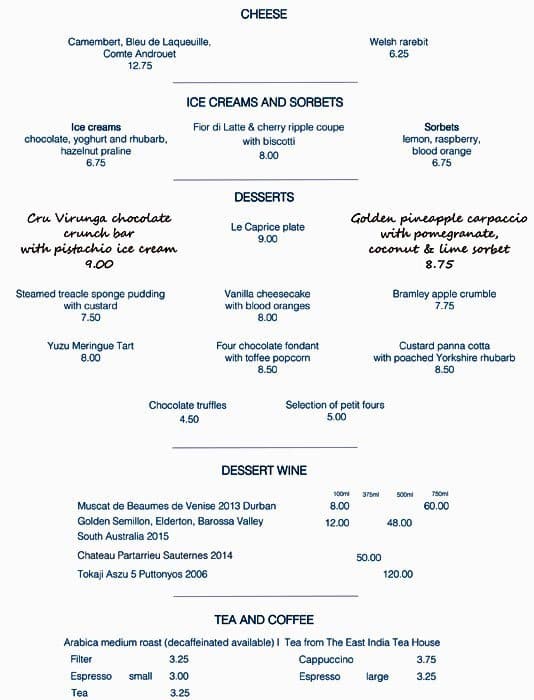 Menu at Le Caprice restaurant, London, 20 Arlington St