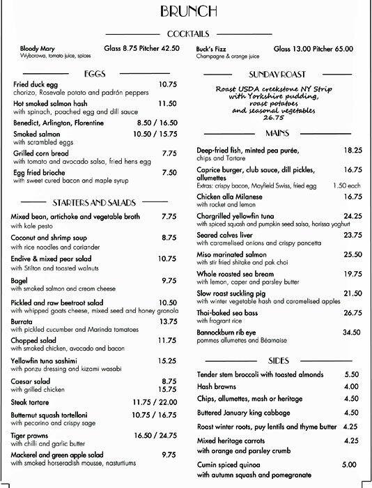 Menu at Le Caprice restaurant, London, 20 Arlington St