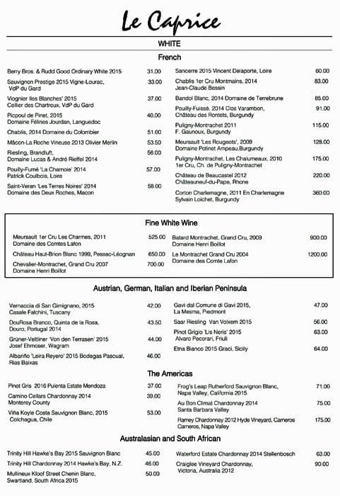 Menu at Le Caprice restaurant, London, 20 Arlington St