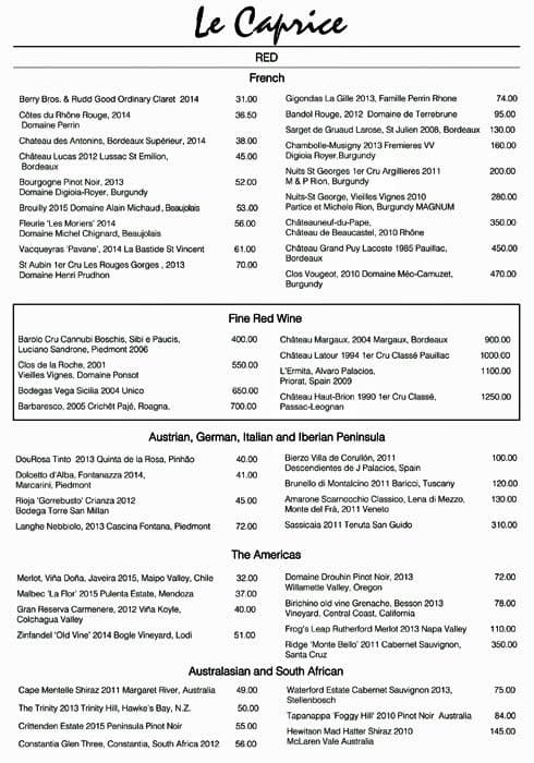 Menu at Le Caprice restaurant, London, 20 Arlington St