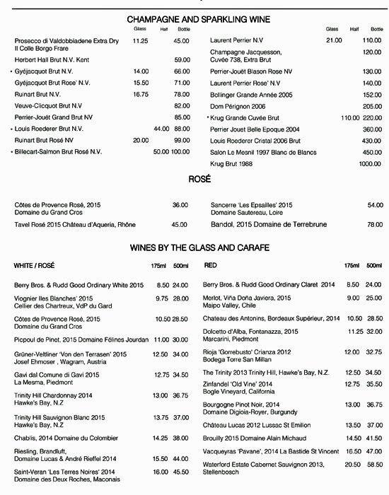 Menu at Le Caprice restaurant, London, 20 Arlington St