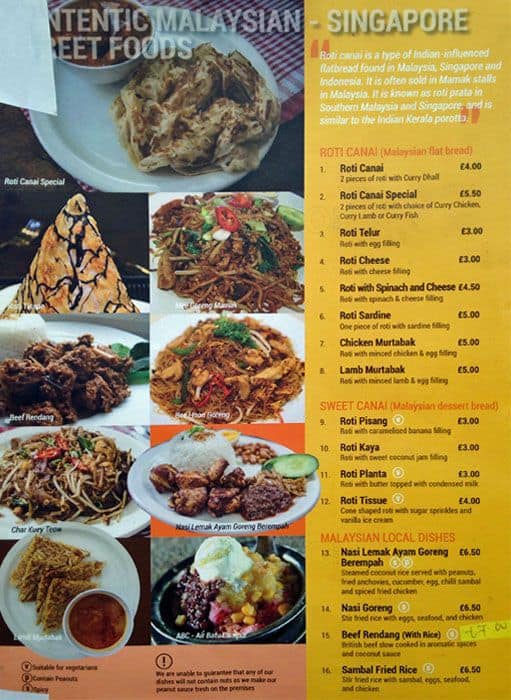 Menu at Roti King restaurant, London, 40 Doric Way