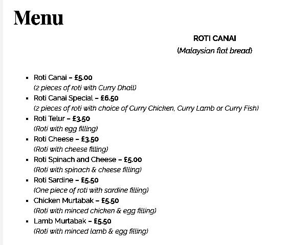 Menu at Roti King restaurant, London, Euston