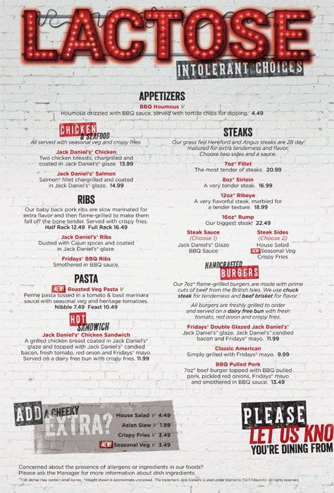 Menu at TGI Fridays restaurant, Birmingham, 180 Hagley Rd