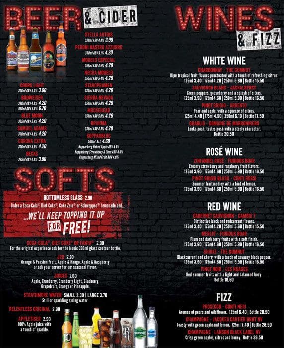 Menu at TGI Fridays restaurant, Birmingham, 180 Hagley Rd