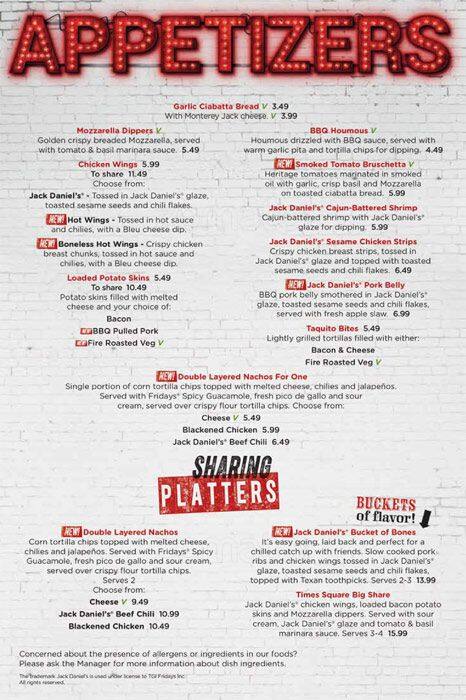 Menu at TGI Fridays restaurant, Birmingham, 180 Hagley Rd