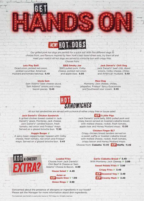 Menu at TGI Fridays restaurant, Birmingham, 180 Hagley Rd