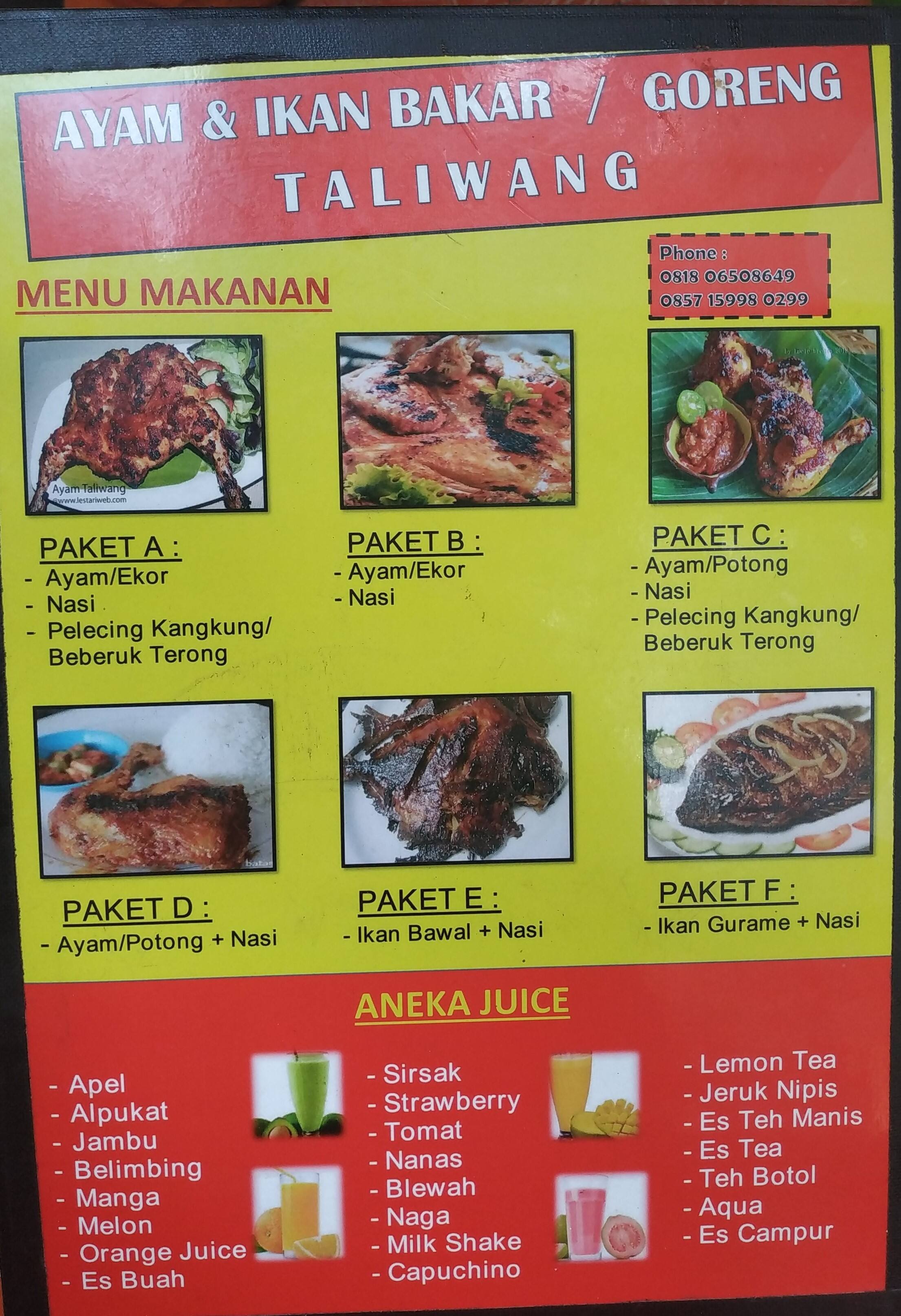 Menu at Ayam Bakar Taliwang restaurant, Jakarta, Pujasera Blok S