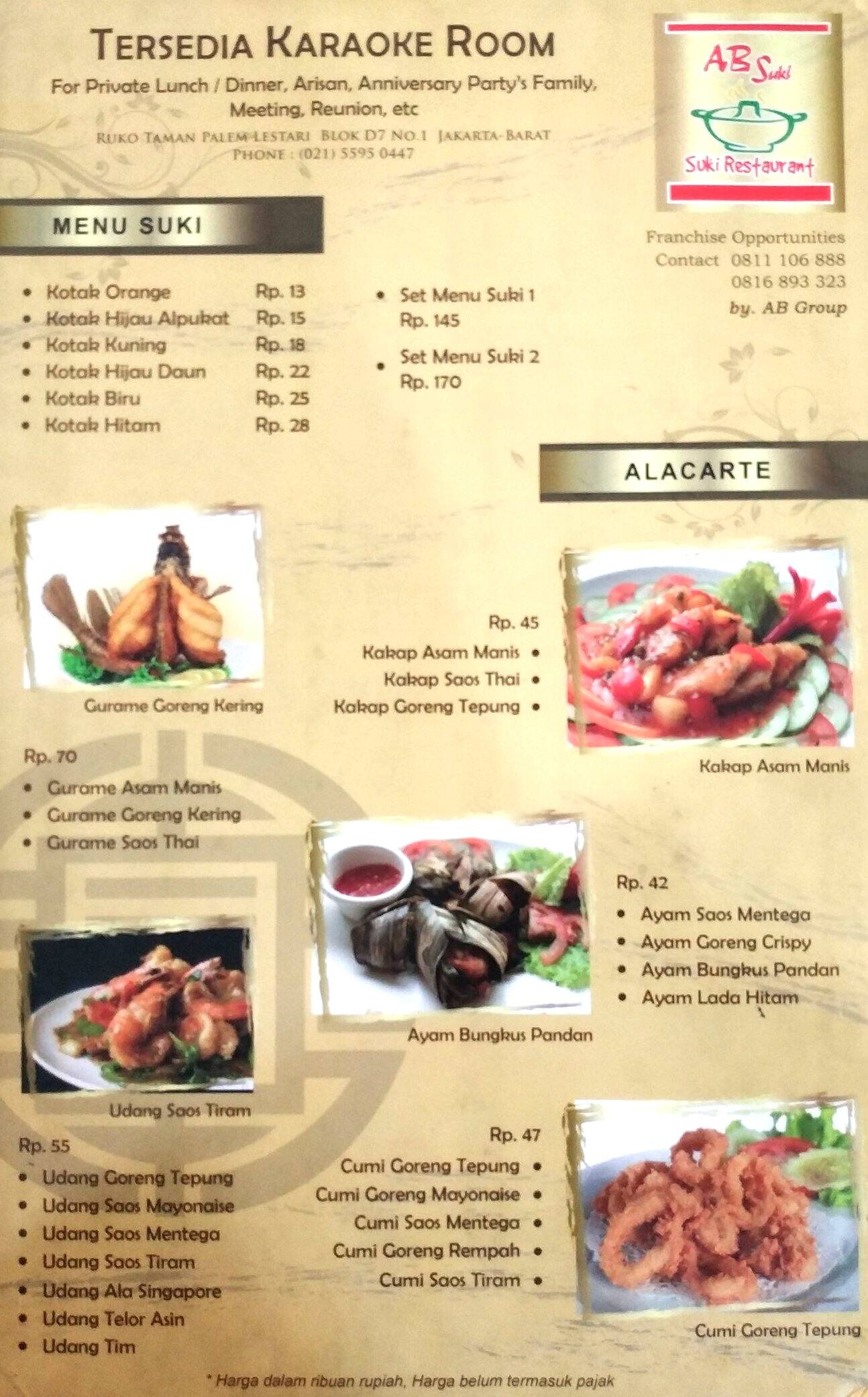 Carta del restaurante AB Suki, Yakarta, Ruko taman Palem Lestari